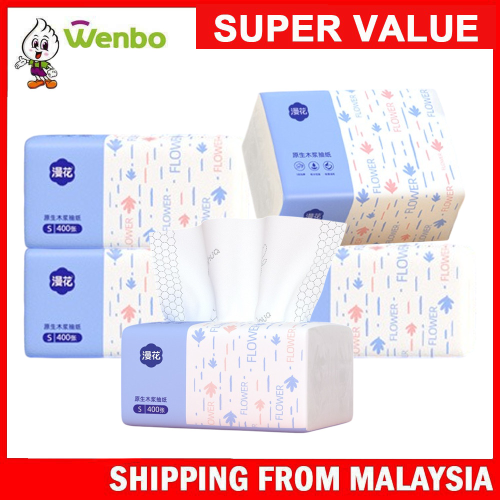 Wenbo 400pcs Tisu Pek MH Blue Flower Thickened Original Wood Pulp Household Tissue Face Towels ...