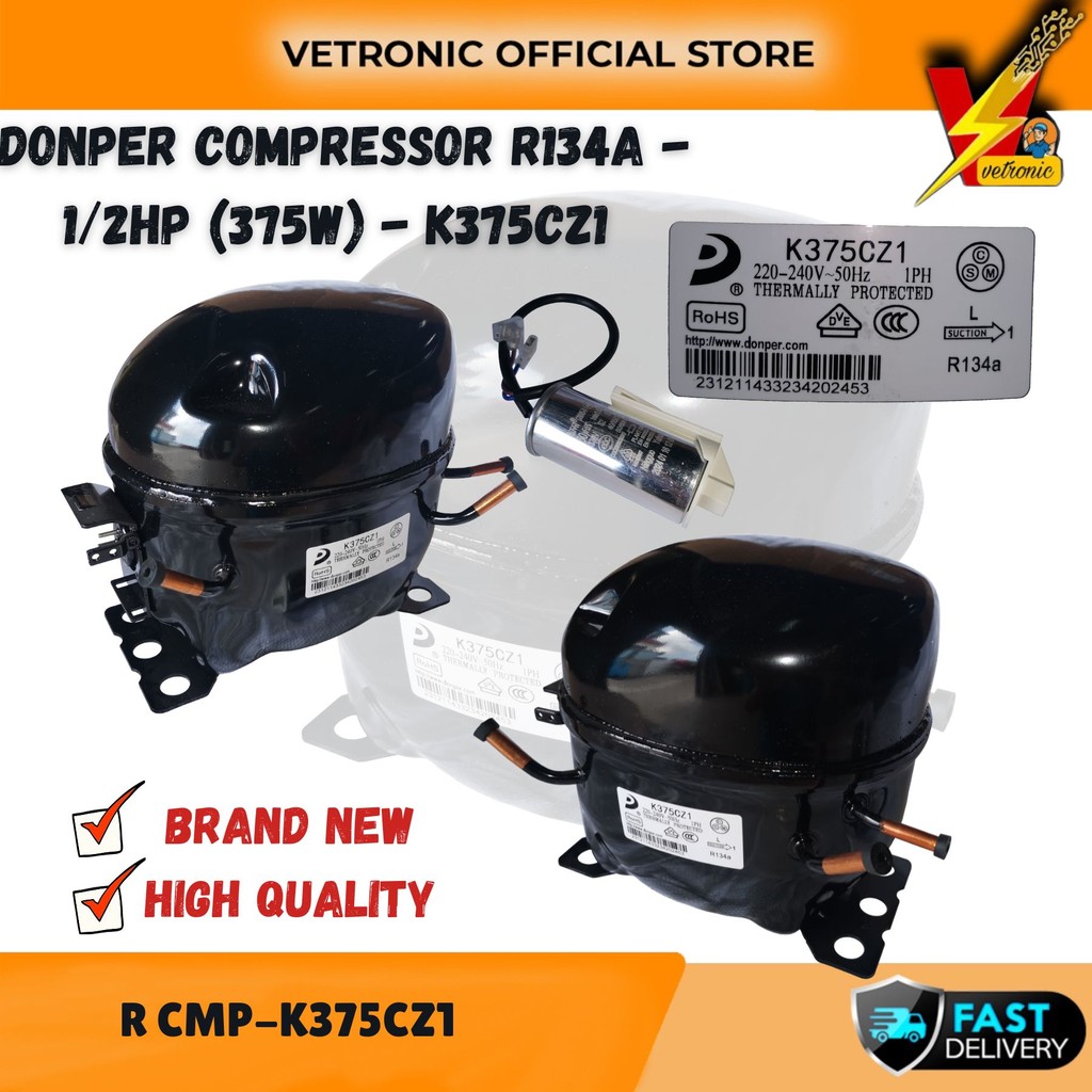 [READY STOCK]Donper R CMP-K375CZ1 Compressor R134a 1/2HP | 375W | Medium Duty Cooling | Freezer ...