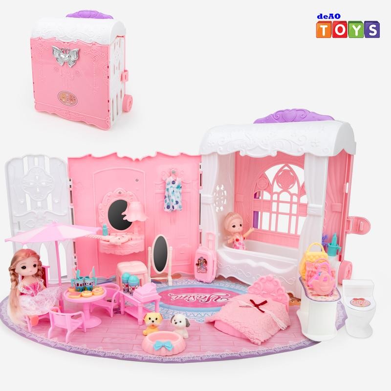 deAO Doll House Portable Dreamhouse , Travel Dollhouse with Two Doll ...