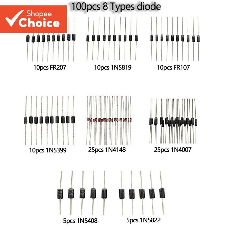 100pcs Diode Assorted Kit 8 Values DIY Electronic Components Diode ...
