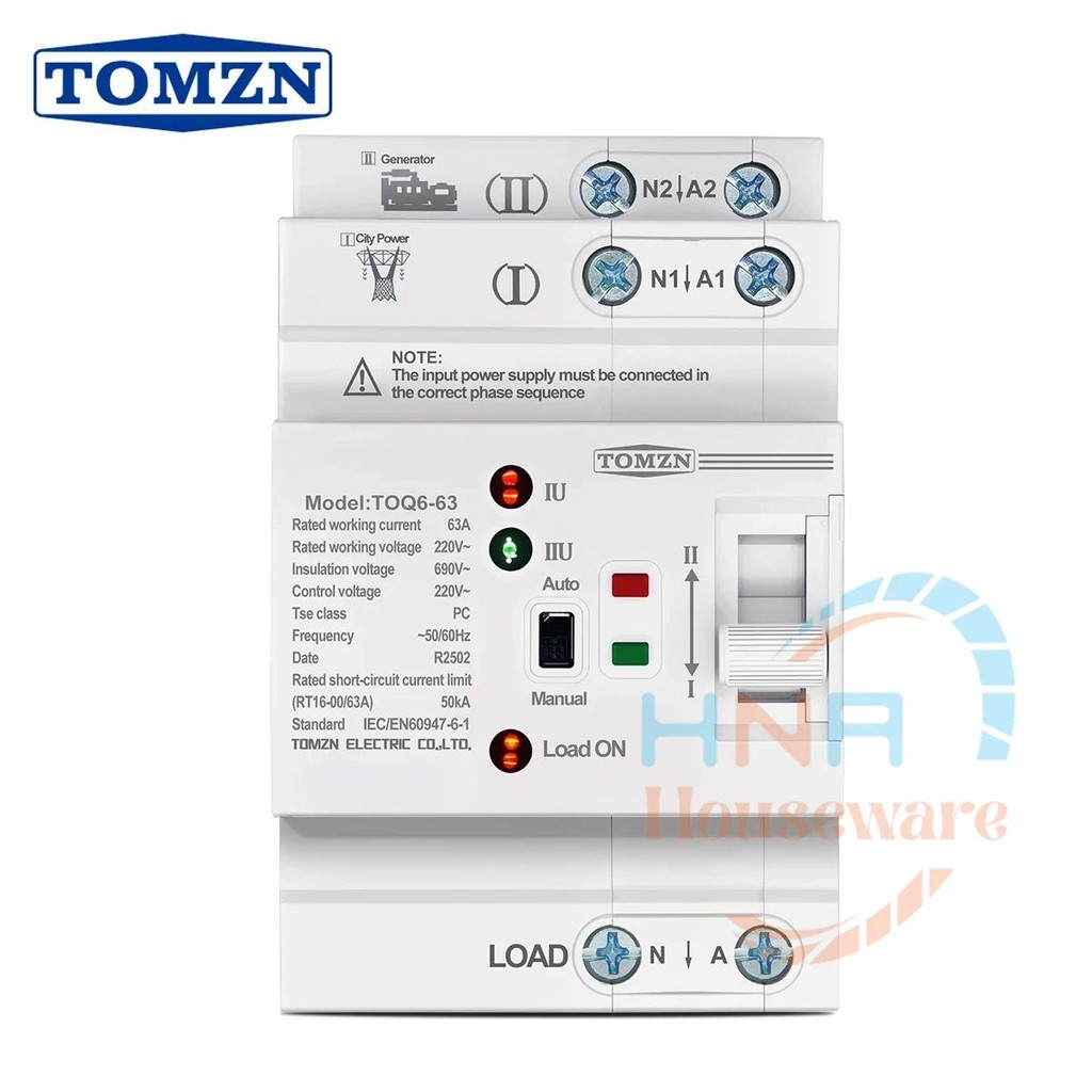ATS 2P 63A TOMZN Din Rail LN 220V Small Dual Power Automatic Transfer Electrical Selector ...