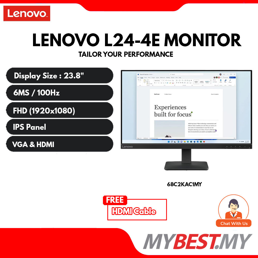 Lenovo L24-4e 68C2KAC1MY Monitor (23.8"/ WLED / 1ms / IPS / HDMI / 1920 ...