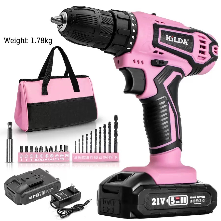 Cordless Drill Set Rechargeable Hand Drill Ladies Impact Small Pink ...
