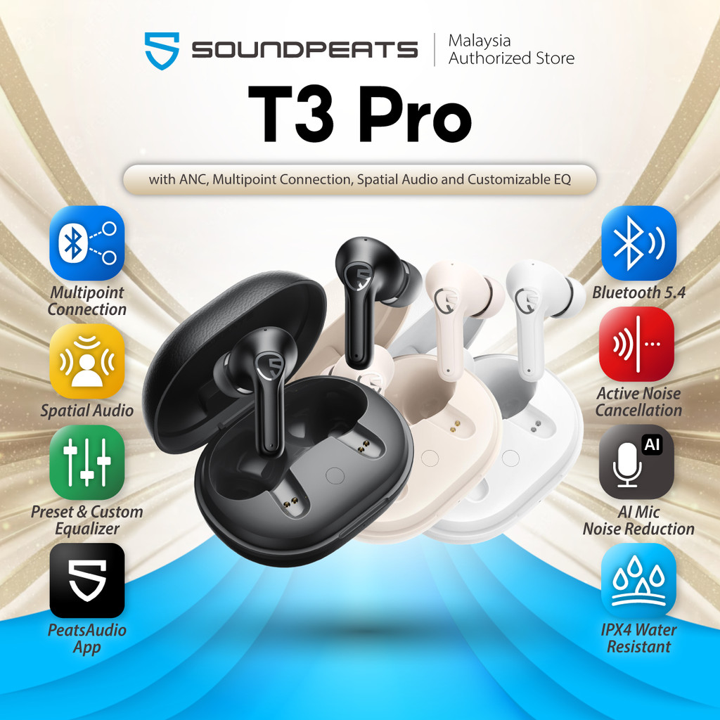 SoundPEATS T3 Pro Bluetooth 5.4 Active Noise Cancelling Earbuds App ...