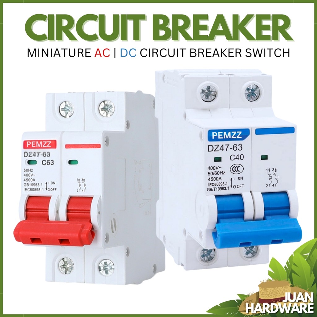AC DC 2 Pole Mini Circuit Breaker 10A 16A 20A 32A 40A 50A 63A Overload Short Circuit Protect ...