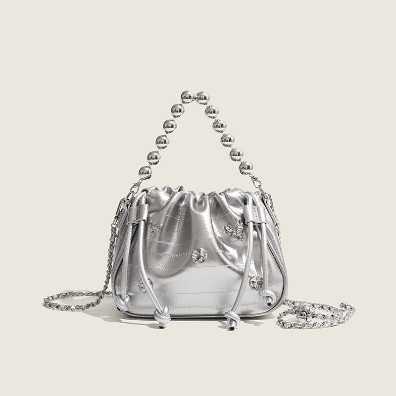 Niche 2025 Portable Pleated Female Silver Cross-Body Beam Mouth Diamond ...