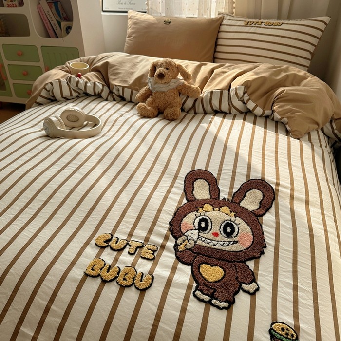 Labubu Bedsheet Set with Duvet Cover Cute Cartoon Towel Embroidery Bed ...