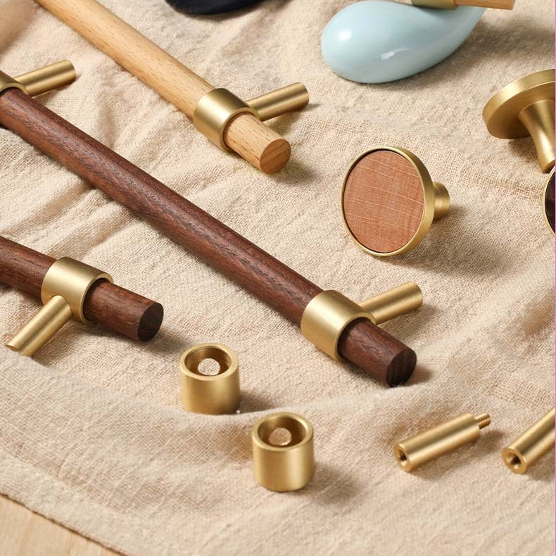 Solid Wood Handle Walnut Cabinet Door Handle Wood Drawer Handle Brass ...
