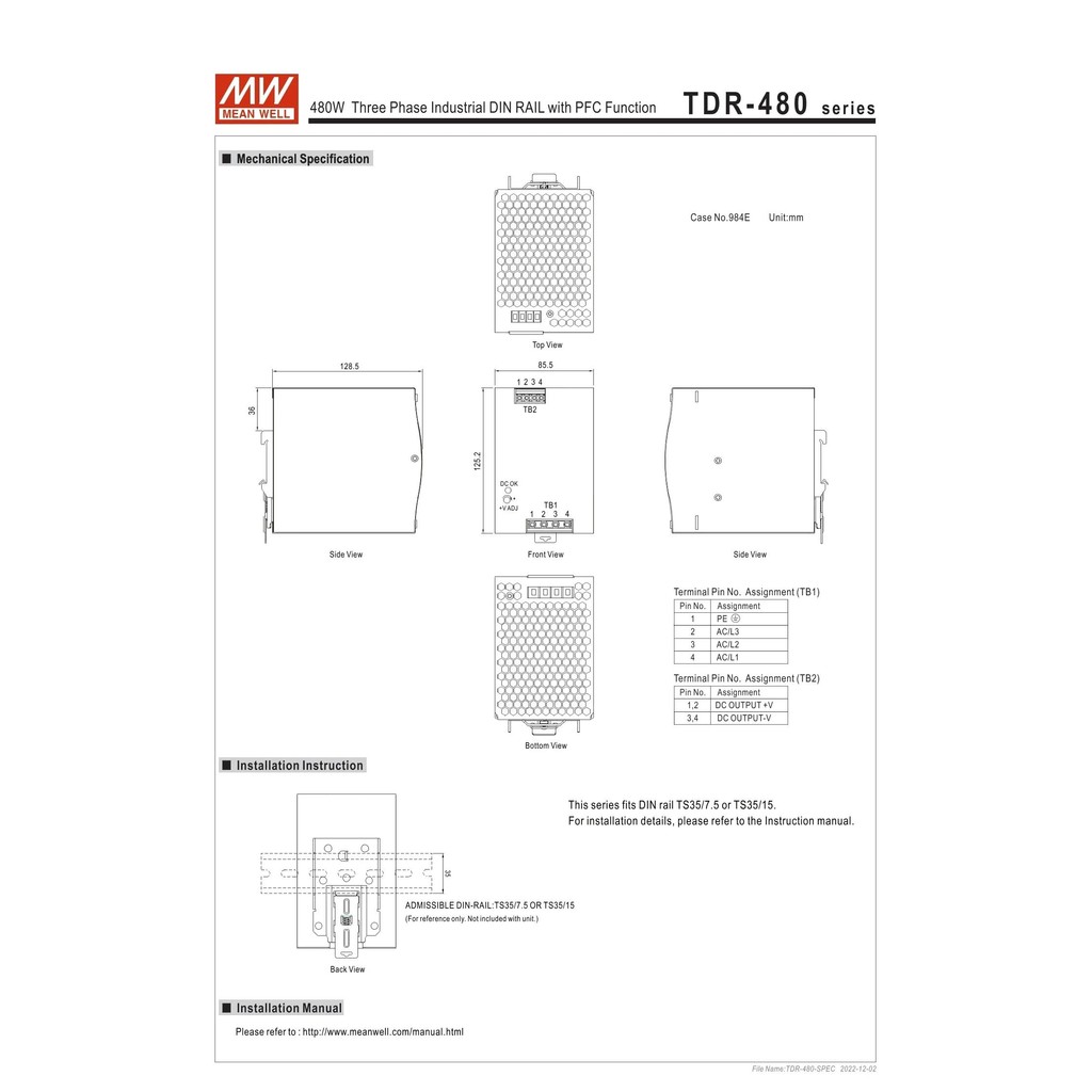 MEAN WELL TDR-480 TDR-480-24 24V 20A TDR-480-48 48V 10A 480WThree Phase Industrial DIN RAILwith ...