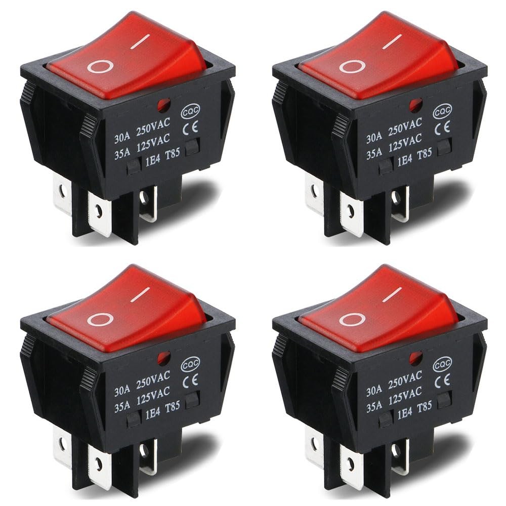 QIYANGBRO(Pack of 4PCS) Rocker Switch 30A 250VAC/35 125VAC KCD2 KCD4 DPST 4 Pin Red Lighted 120V ...