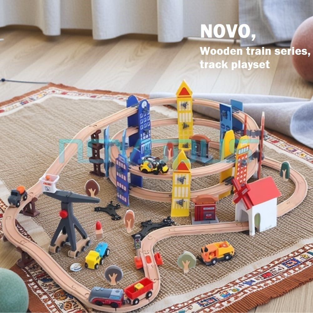 NOVO Wooden Train Track Complete Playset with Train / Track Toy with Tower Compatible with Brio ...