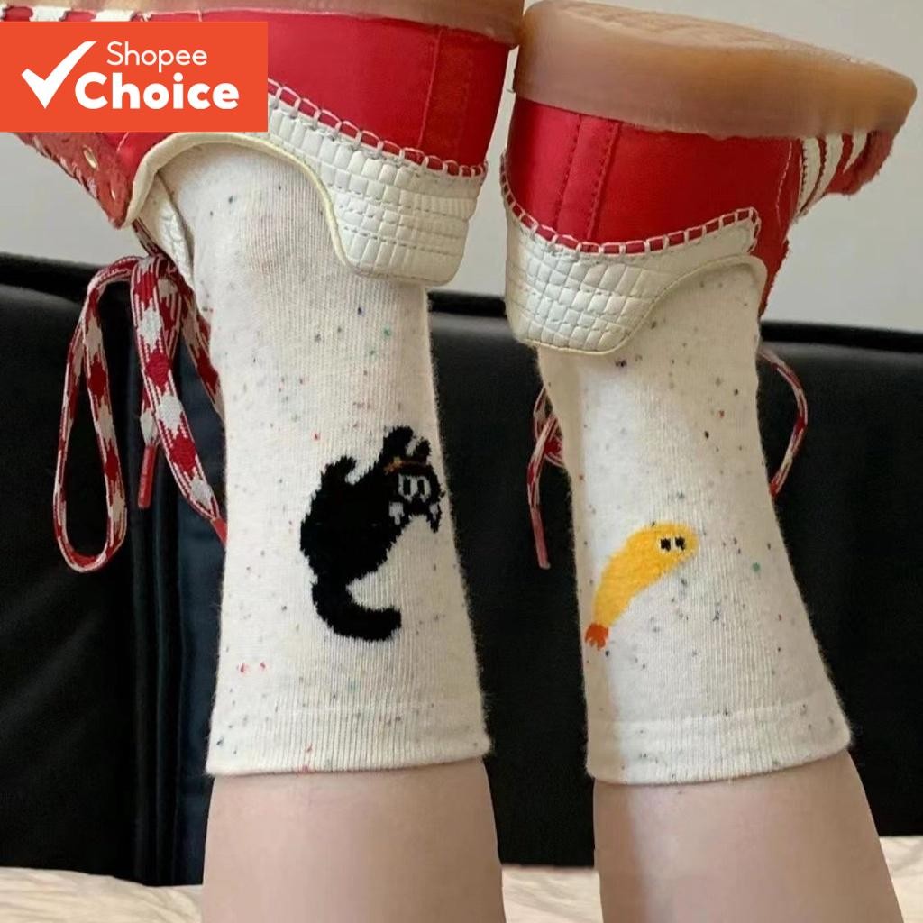 Black cat and yellow fish socks female net red Korean Japanese cute ...