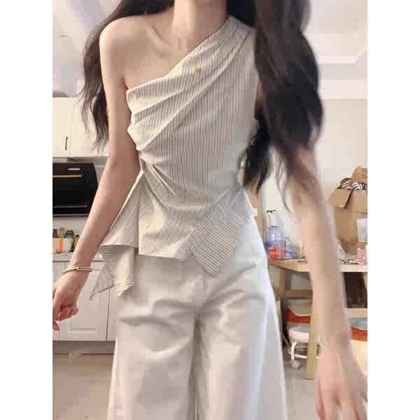 baju perempuan inner baju Baju berjalur bahu Korea yang tidak teratur ...