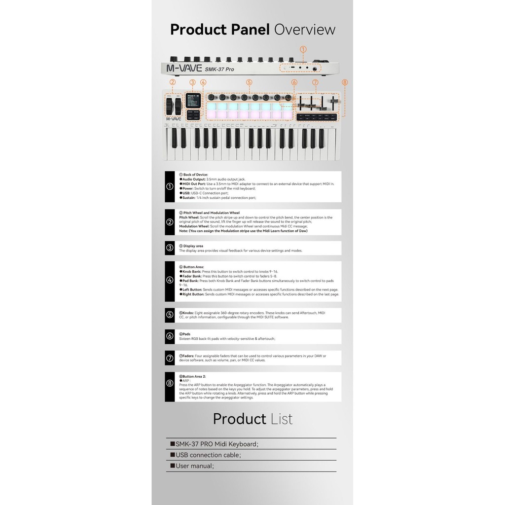 M-VAVE SMK-37 PRO Keyboard 37 Key 3.5mm MIDI 16 RGB Drum Padswith Sound ...