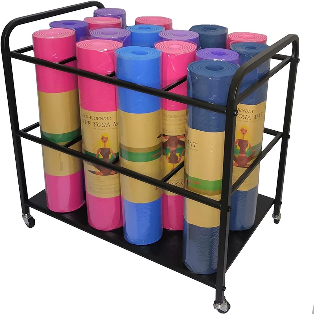 Metal Yoga Mat Holder Basket, Foam Roller Storage Cart with Wheels ...