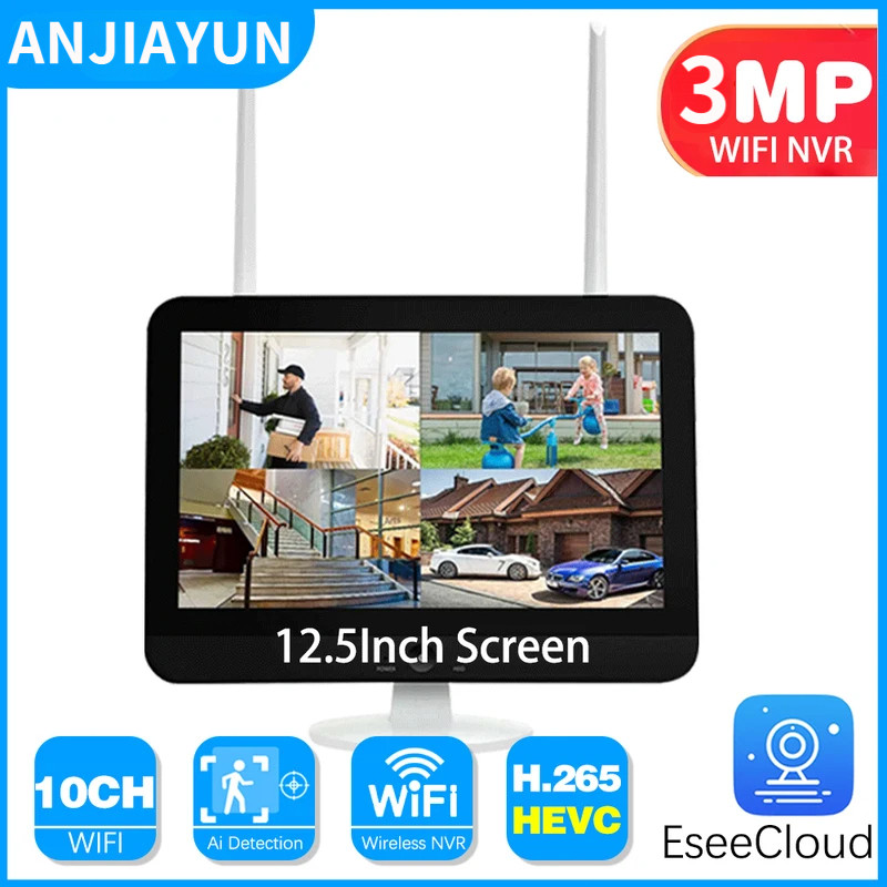 10CH 12.5Inch WiFi Screen Monitor Wireless System 3MP NVR Security WiFi ...