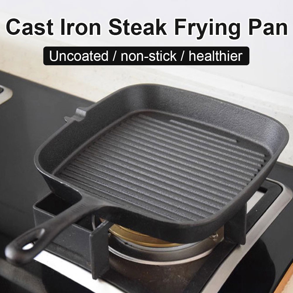 Cast Iron Household Square Stripes Frying Steak Pan Non-coated No ...