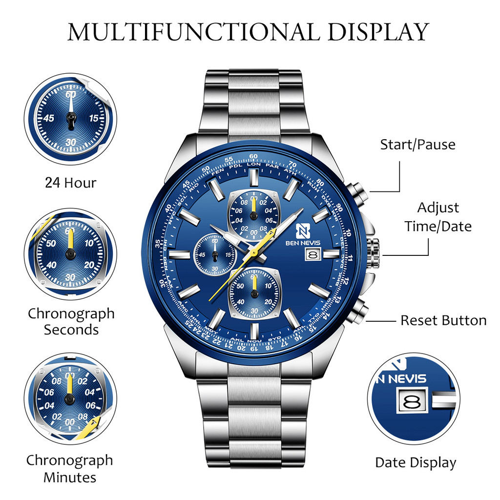 BEN NEVIS Men's Chronograph Quartz Watch Blue Dial Stainless Steel ...