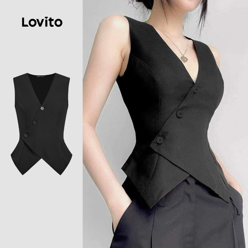 Casual Plain Button Asymmetrical Summer Spring Black Tank Top for Women ...
