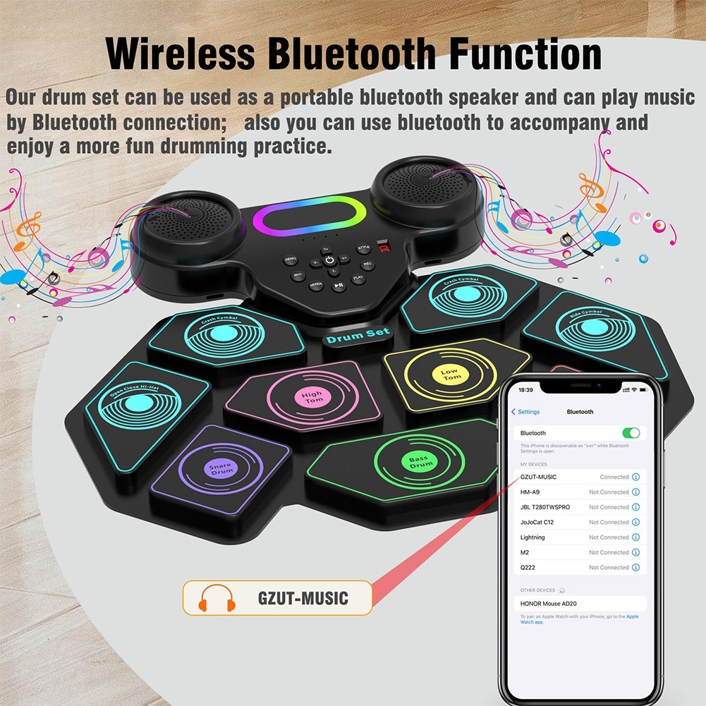 9-Pads Electronic Drum Set Roll-up Electric Drum Set Adjustable Volume ...