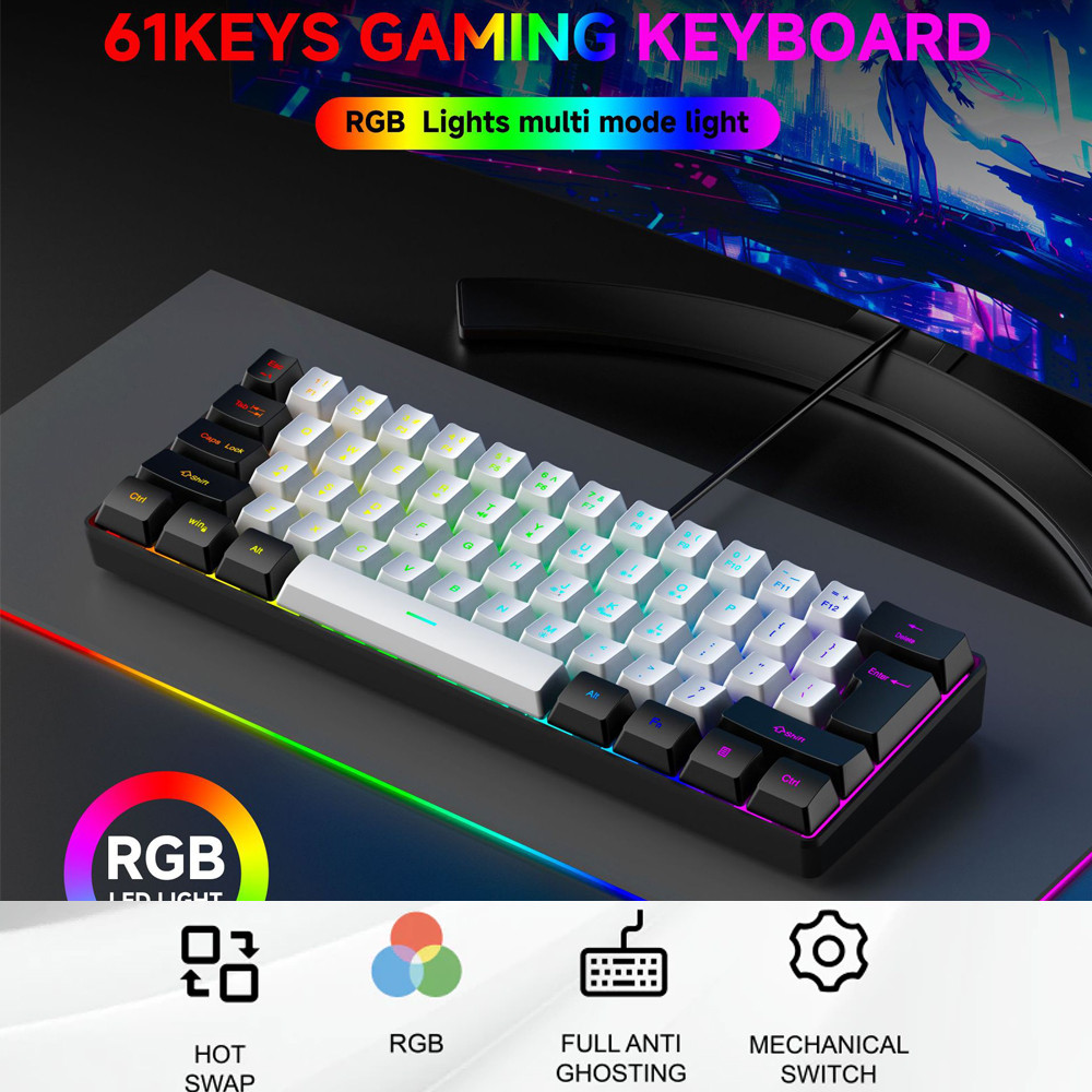 Gaming Wired 61 Mechanical Swappable Keys Rainbow Keyboard Backlight ...