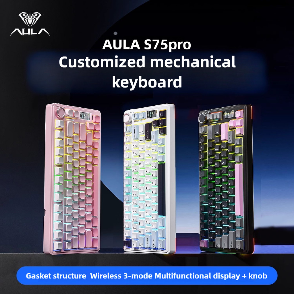 AULA S75 Pro Wireless 3 Mode Mechanical Keyboard Gasket Full-key Hot Swappable with Display 80 ...