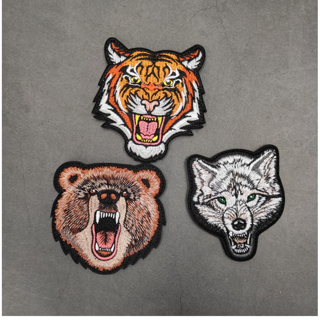 Boutique Animal Head Full Embroidery Velcro Badge Tiger Head Wolf Head ...