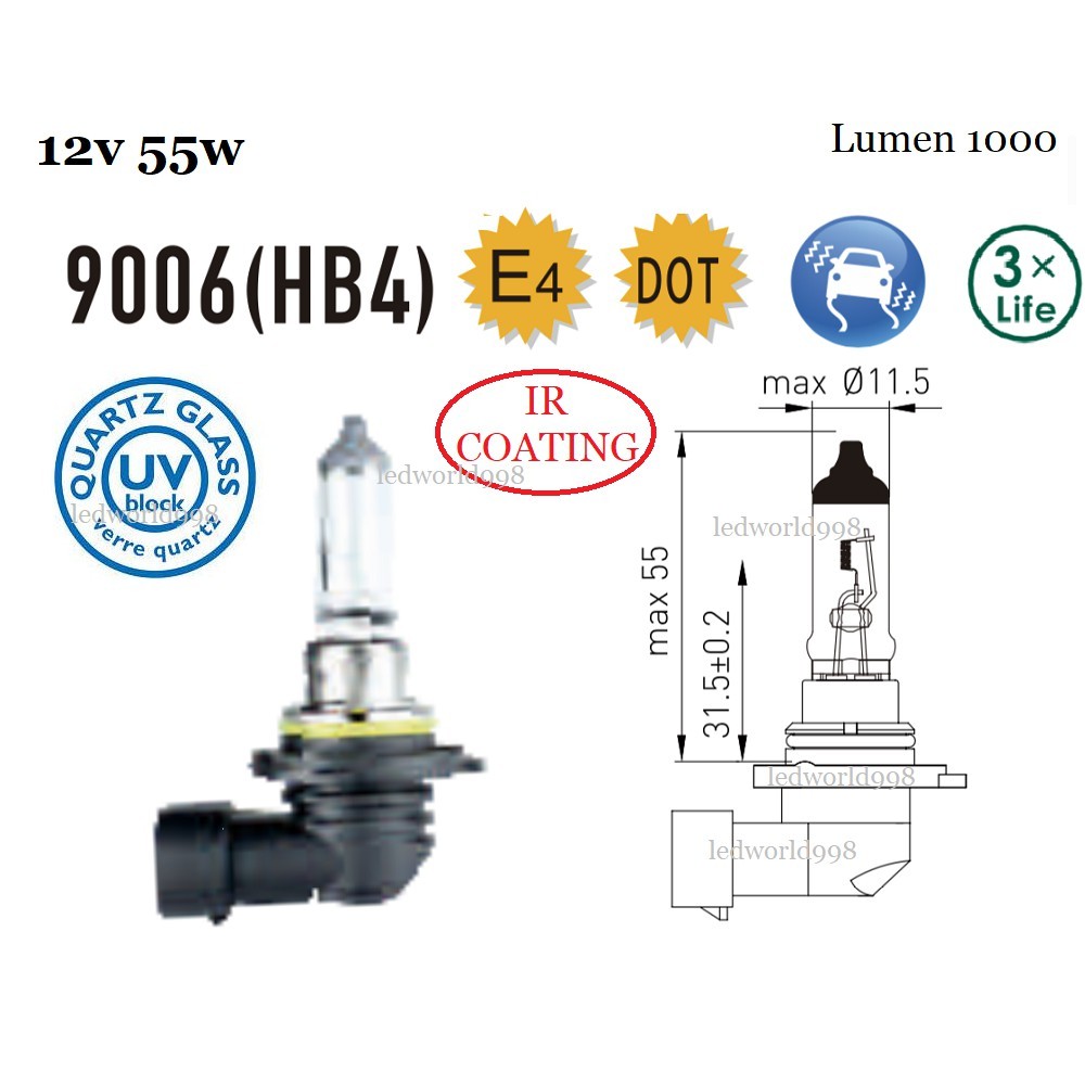 Hb4 9006 12v 55w 3X Super Long Life Halogen squartz Bulb anti uv E4 ISO ...