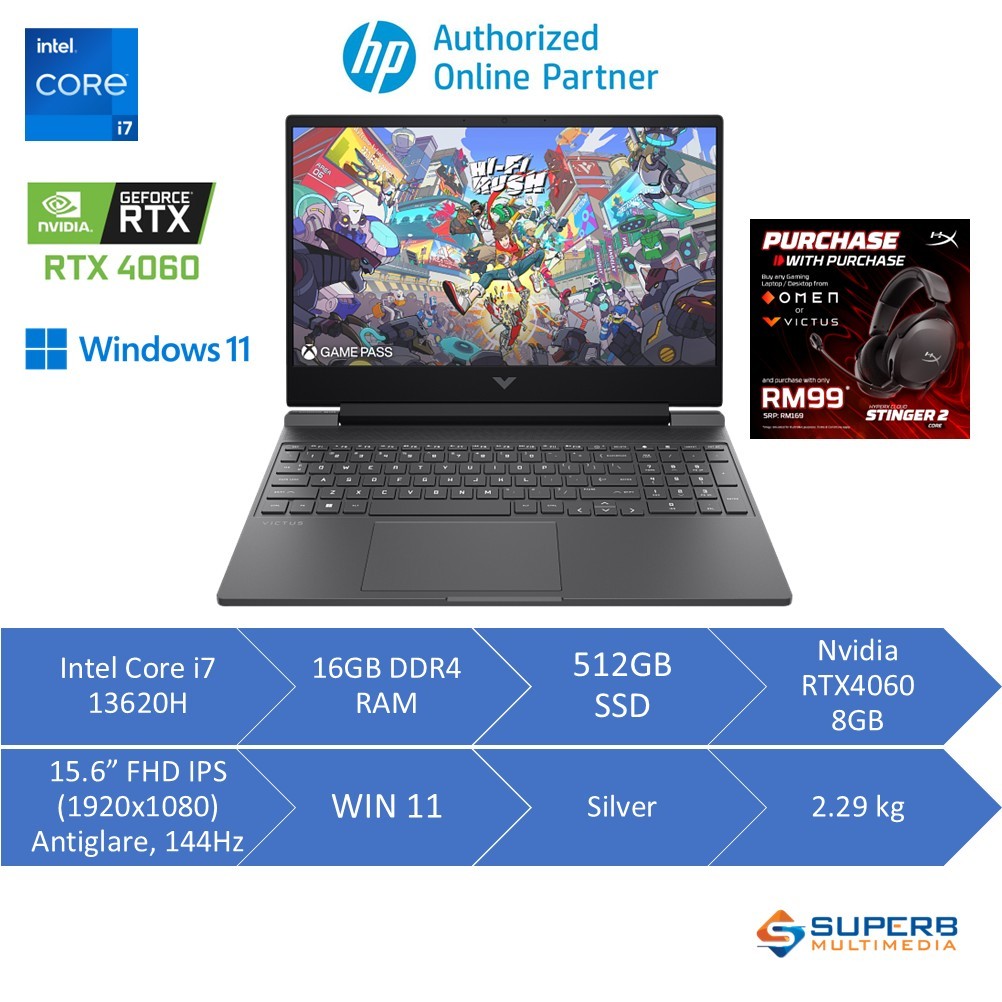 HP Victus Gaming Laptop 15-FA2132TX Mica Silver (Intel Core i7 13620H, 16gb ram, 512gb ssd ...