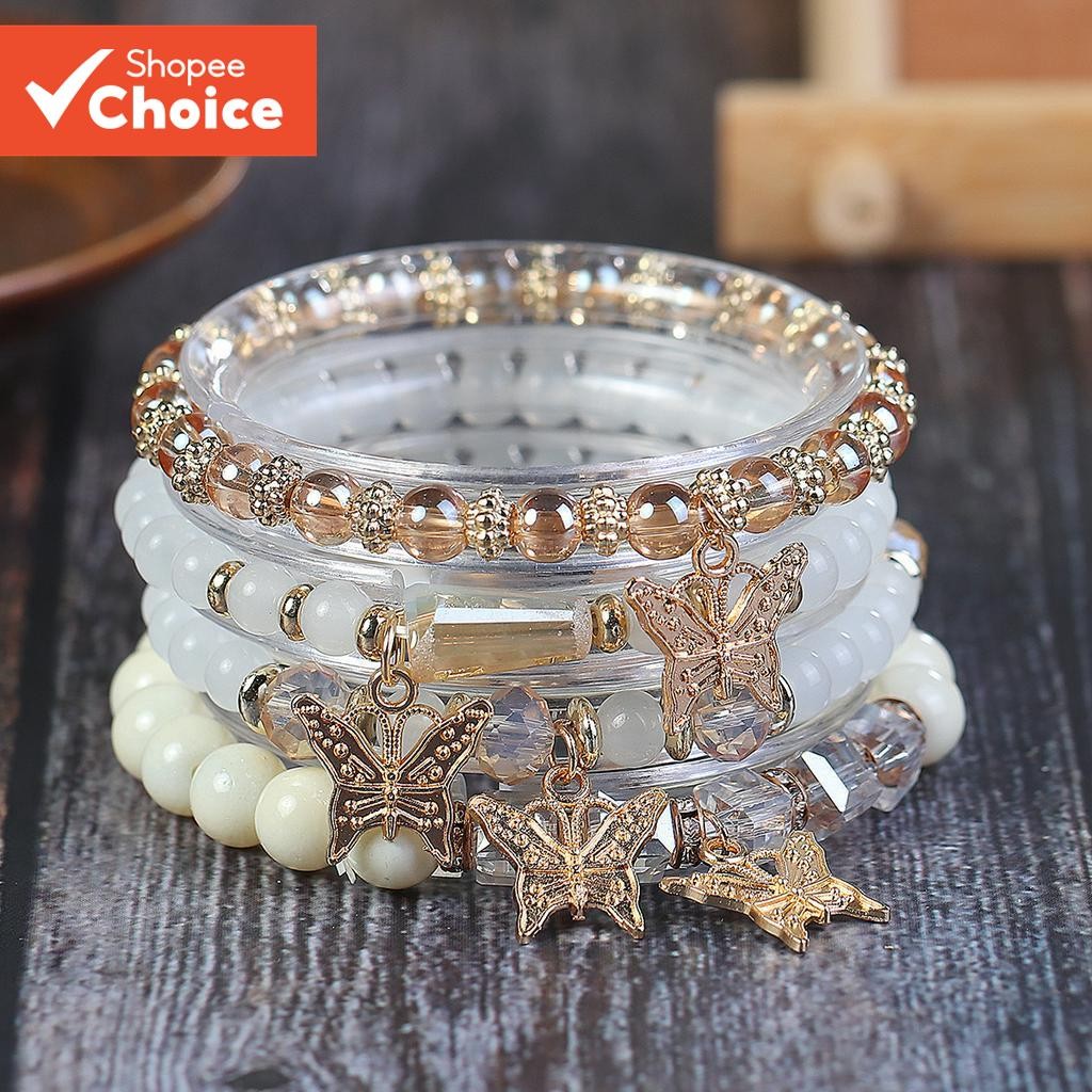 4pcs/set Bohemian Simple Classy Bracelet Butterfly Pendant Multi-Layer ...