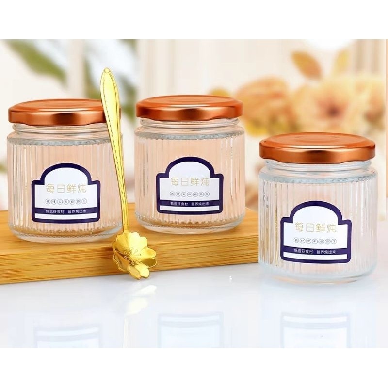 BIRD NEST/ JAM / SAMBAL /HONEY GLASS JAR 130-250ML ROUND VERTICAL STRIPES GLASS JAR WITH METAL ...