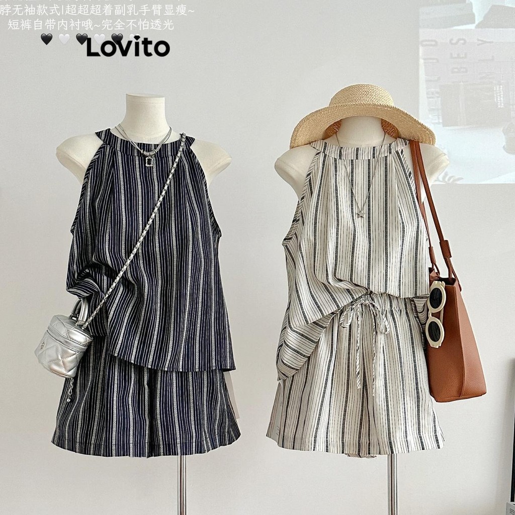 Lovito Casual Sets Striped Lace Up Summer/Spring Sets for Women ...