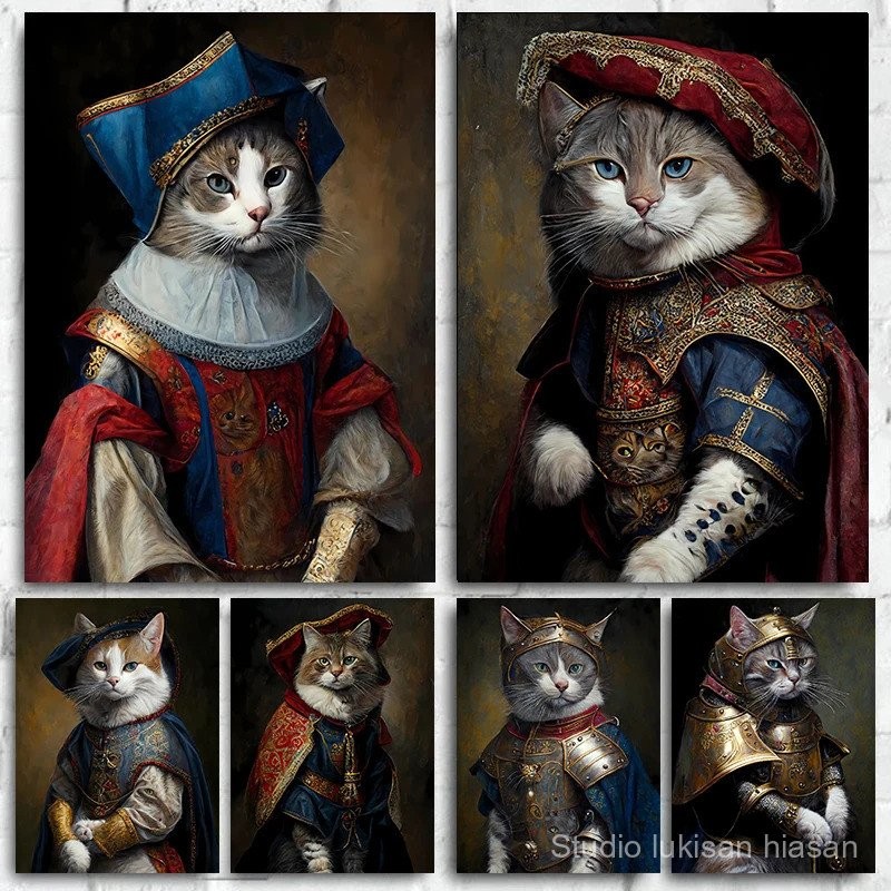 Vintage Medieval Knight Cat Poster Animal Portrait, Paw Prints, Canvas ...