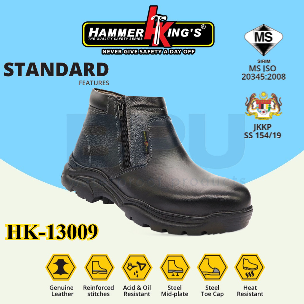 HAMMER KING'S 13009 Genuine Leather Safety Mid Cut Boots | Anti-slip ...