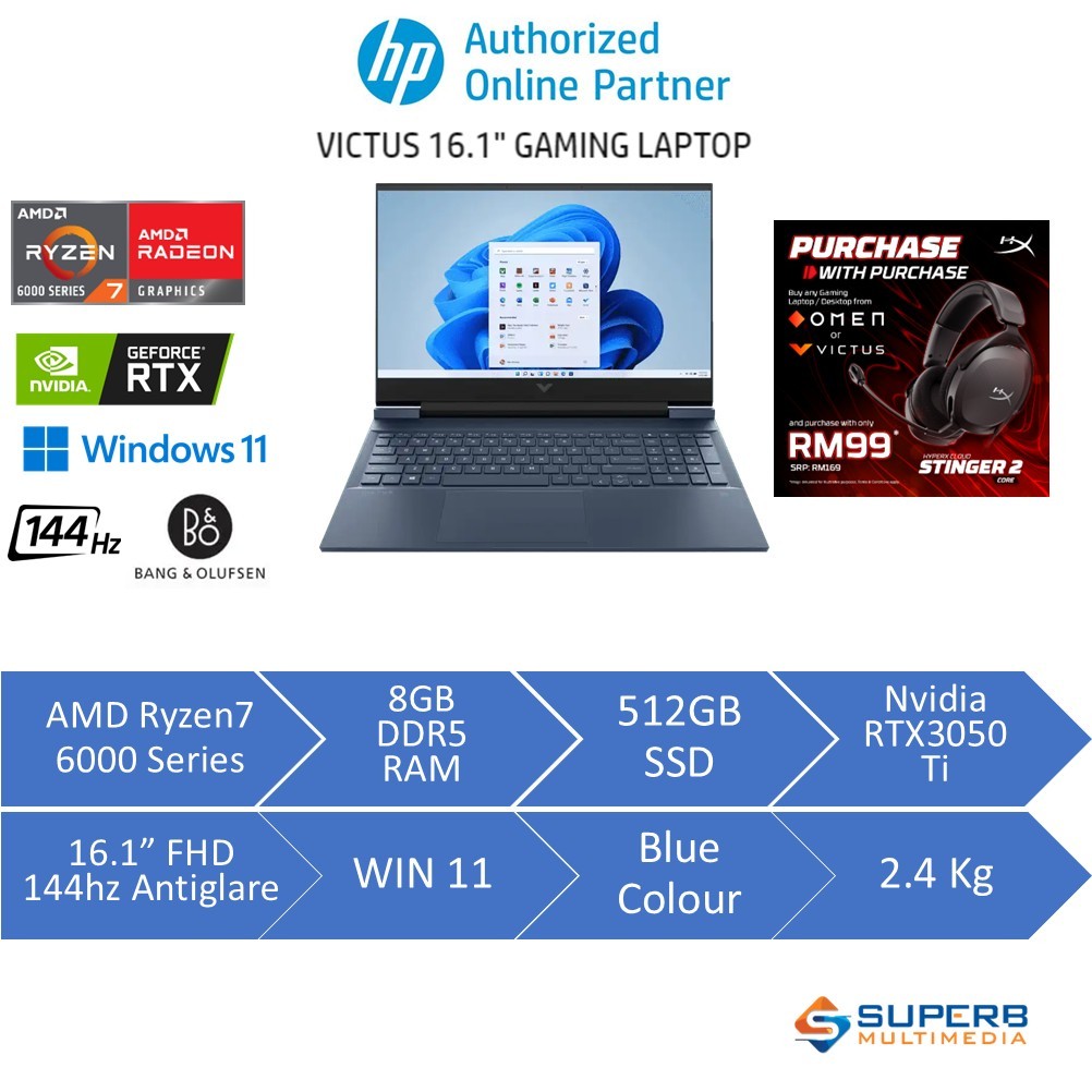 HP Victus Laptop 16-e1040AX (Ryzen7 6800H, 8gb ram, 512gb ssd, RTX3050 Ti, 16.1 FHD IPS ...