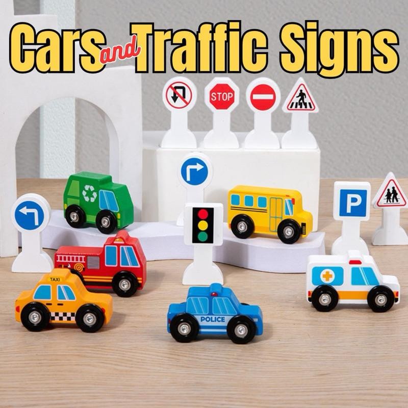 Wooden Cars and Traffic Signs Mini Wooden Car Vehicle Toy Traffic Signs ...