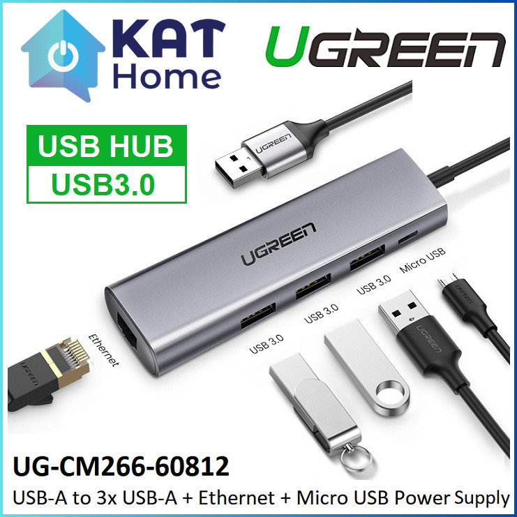 UGREEN USB 3.0 USB TO 3× USB3.0 + RJ45 (1000MBPS) LAN ETHERNET ADAPTER ...
