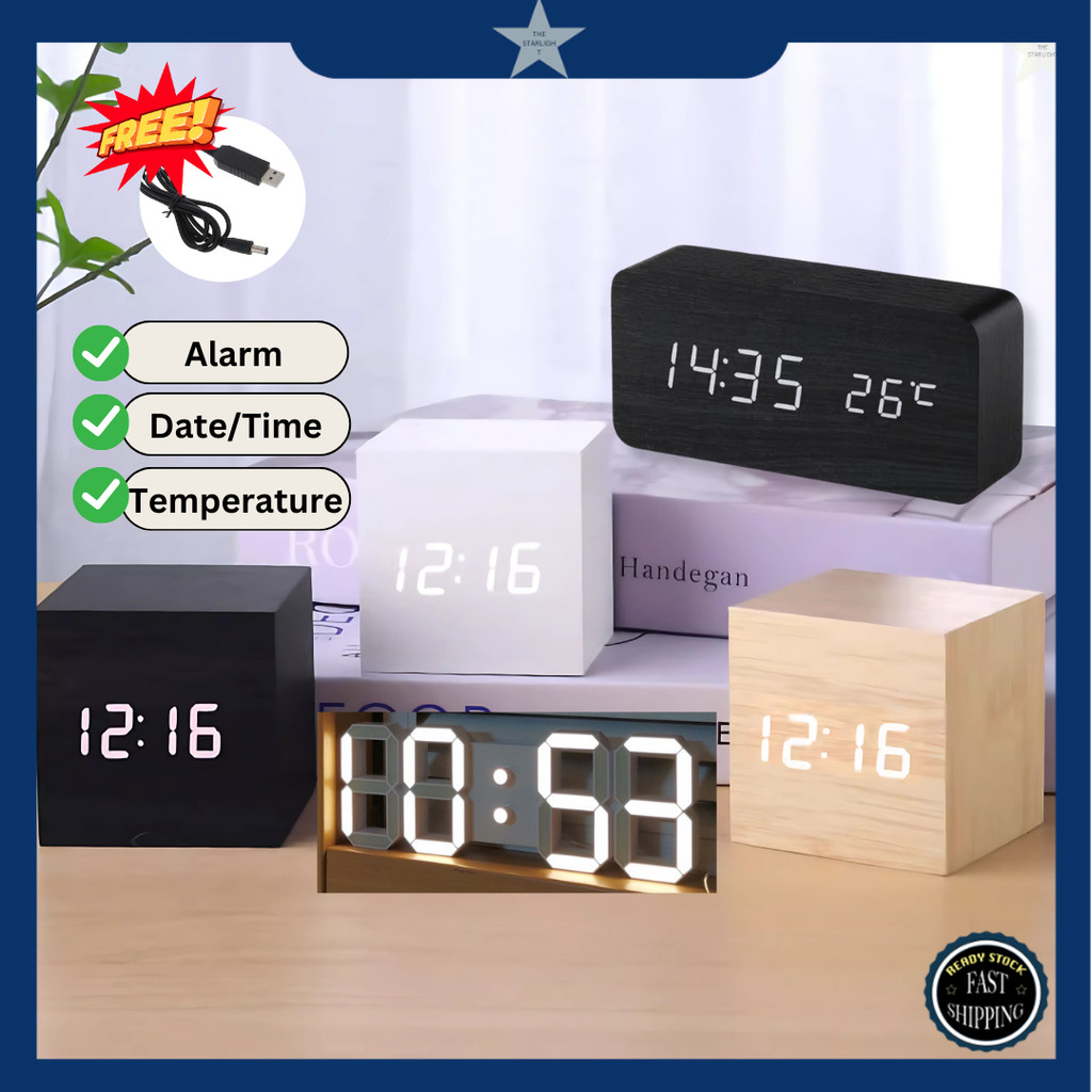 Rechargeable Battery Wooden Clock Date Time Desktop Clock Alarm Smart ...