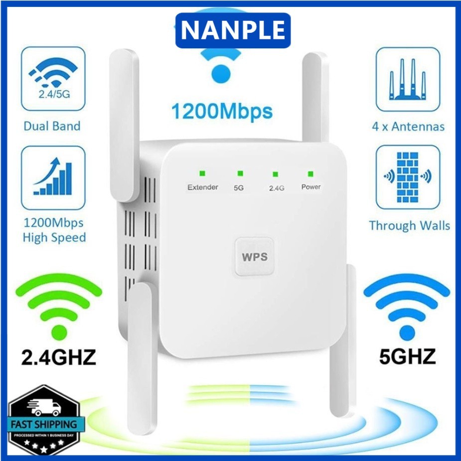 NANPLE 1200M WiFi 5 Repeater, 2.4GHz 5GHz Wireless Signal Extender, Long Range Network Amplifier ...