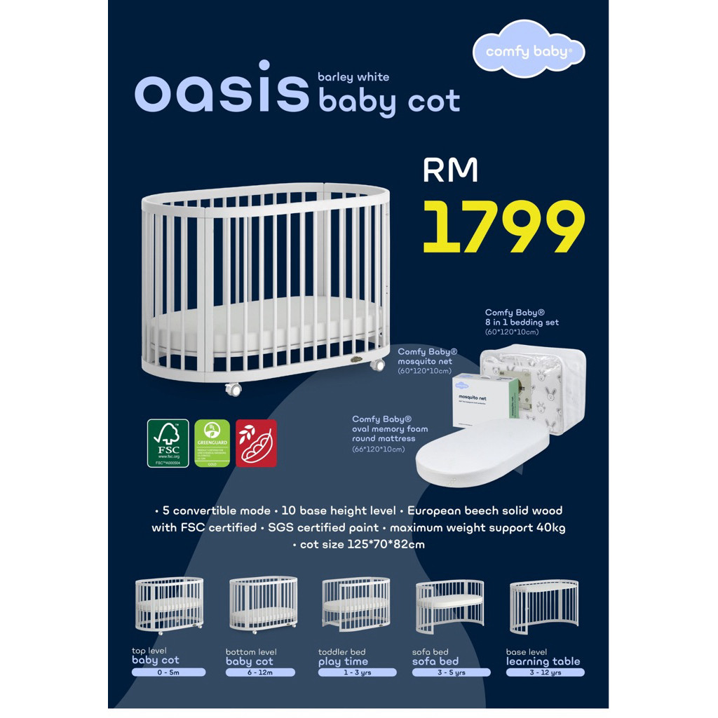 Comfy Baby Oasis Baby Cot include ( Mattress / 8 In 1 Bedding Set ...