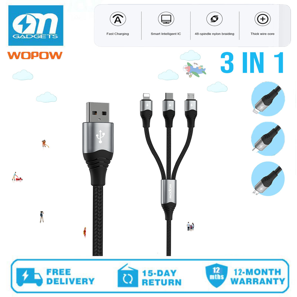 WOPOW ML06 3IN1 Design braided data cable With Lightning-Type-C-Micro ...