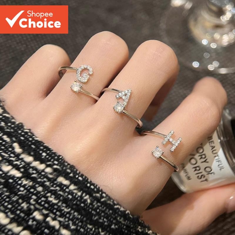 S925 Silver Alphabet Open Ring Crystal Engagement Wedding Jewelry for ...
