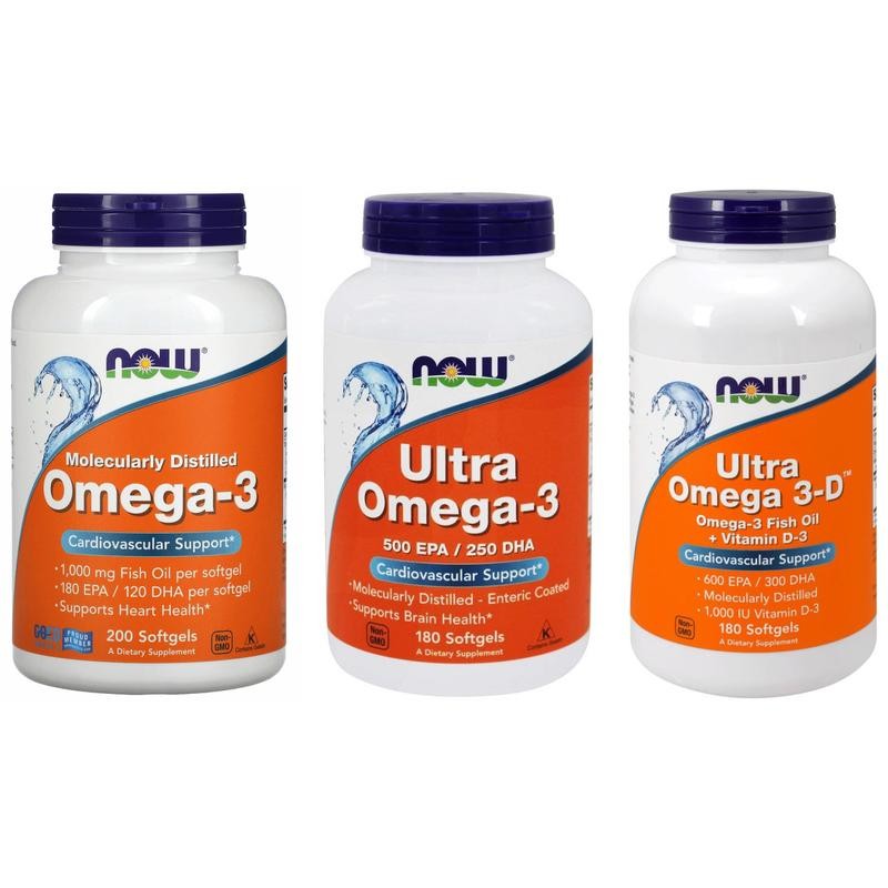 NOW Foods Omega 3 Fish Oil 180 EPA 120 DHA / Ultra Omega 3 500 EPA 250 DHA / Ultra Omega 3D 600 ...