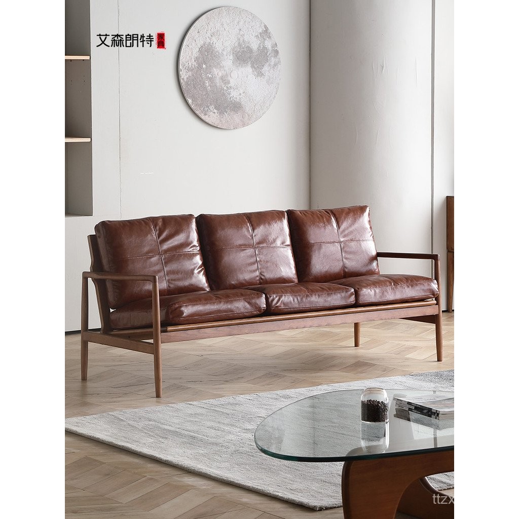 Sofa Kayu Pepejal Vintaj Kulit Tulen Retro Cahaya Mewah Minyak Lilin ...