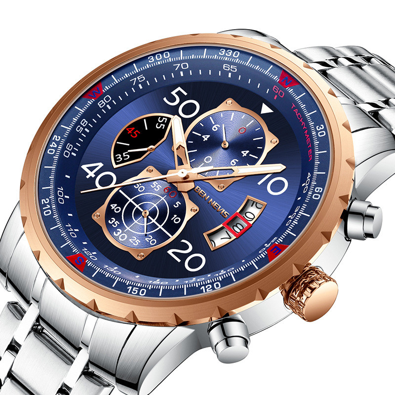 BEN NEVIS Men's Chronograph Quartz Watch Large Blue Dial Rose Gold ...