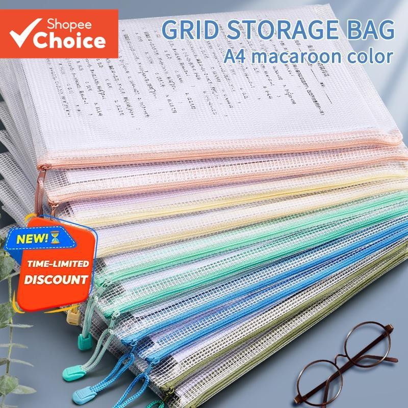 A4 Macaron Zipper File Bag - Transparent Mesh Organizer for Documents ...