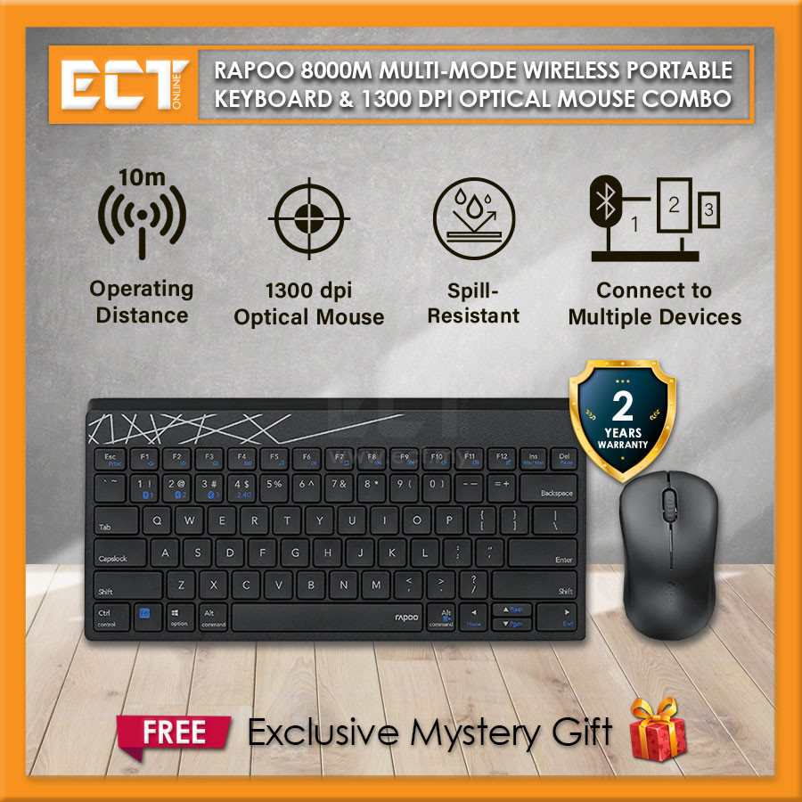 Rapoo 8000M Multi-Mode Wireless Portable Keyboard & 1300 DPI Optical ...