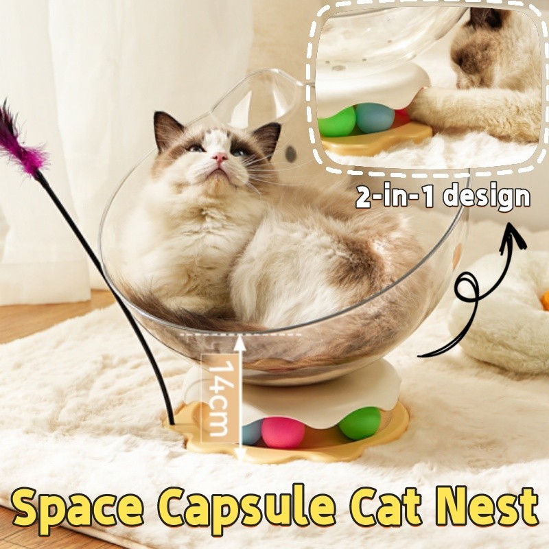 Space Capsule Cat Nest 2-in-1 Turntable with Catnip Ball Toy Full ...