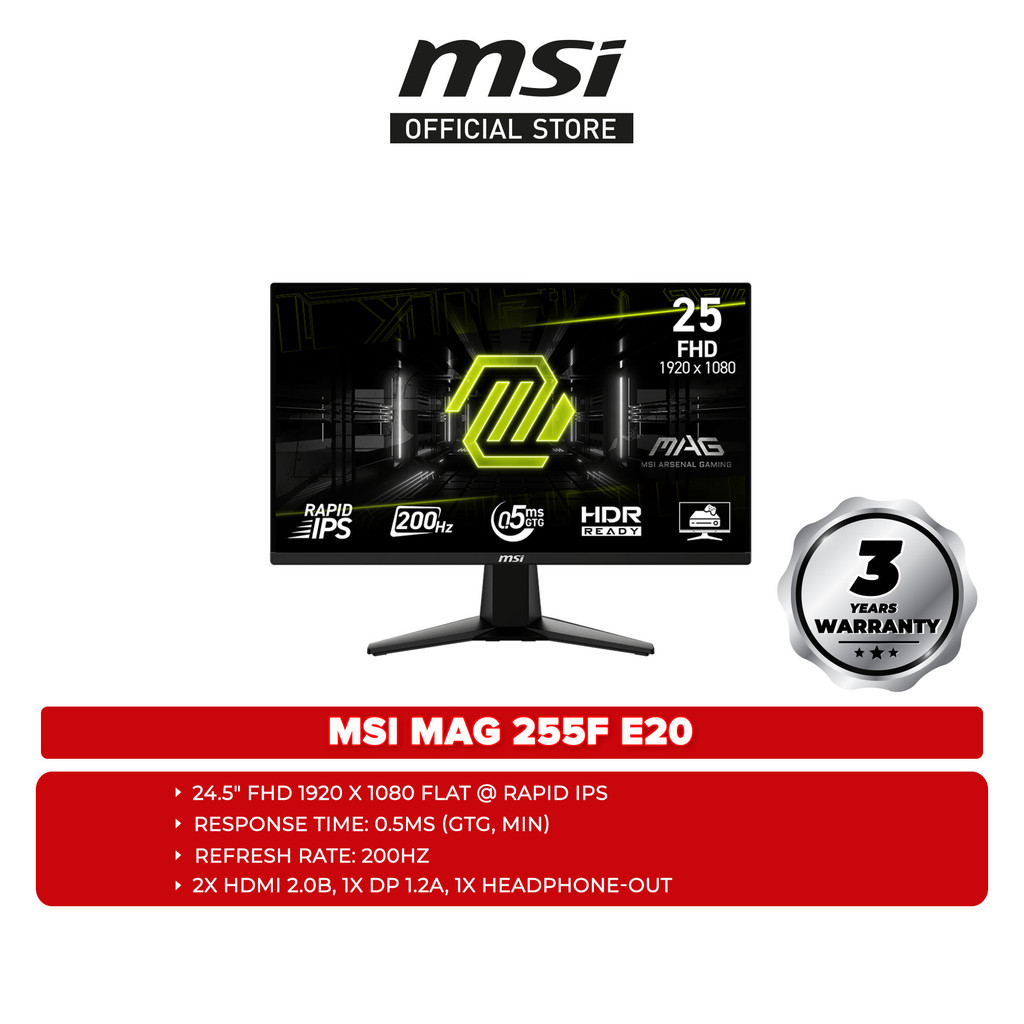 MSI MAG 255F E20 24.5" FHD 200Hz Flat Gaming Monitor ( HDMI, DP, 3Yrs ...