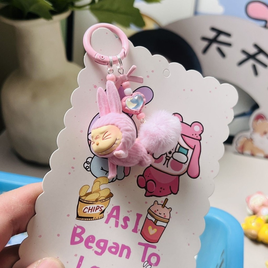 New flocking mini Labubu Labubu Keychain Doll Bag Ornaments Cute ...